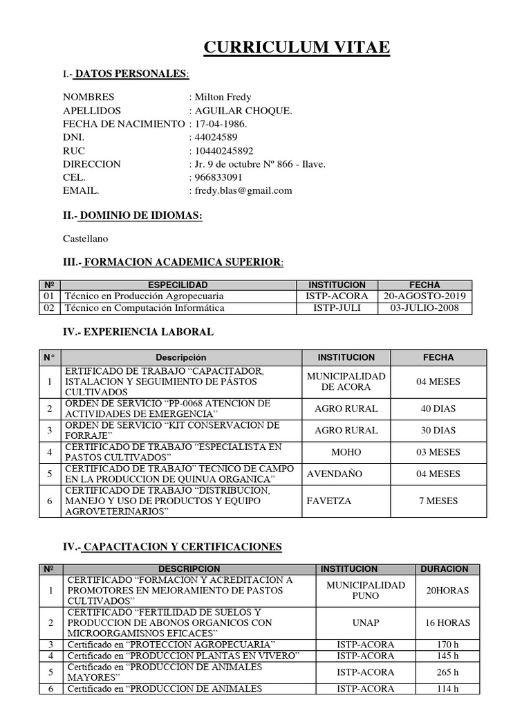 Curriculum Vitae Milton Fredy Aguilar Choque | PDF