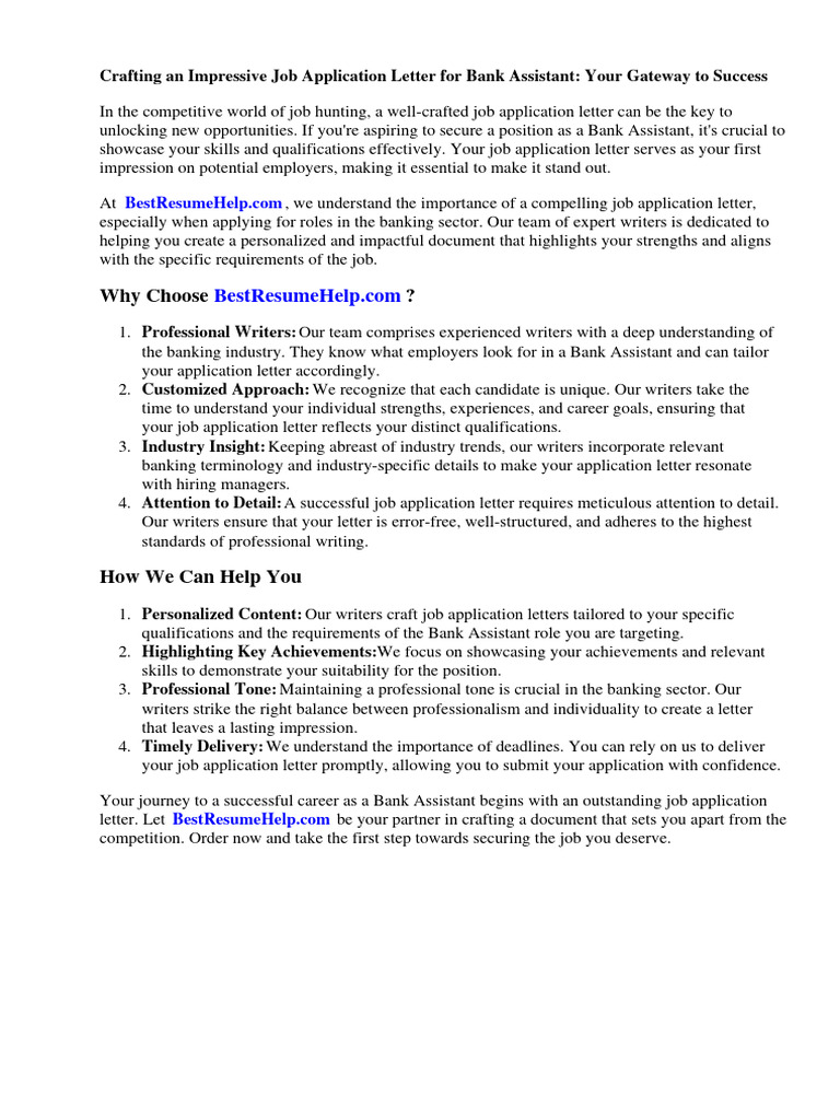 Job Application Letter For Bank Assistant | PDF | Résumé | Banks