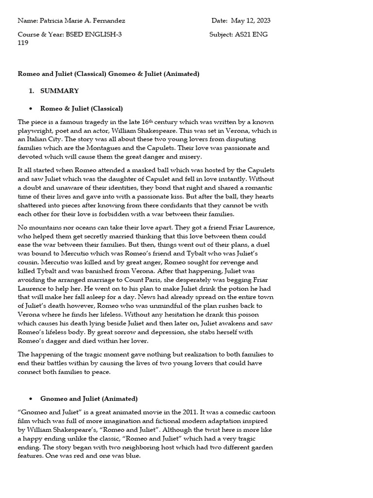 ASYNCHRONOUS - Fernandez, Patricia Marie BSED ENGLISH 3 | PDF | Characters In Romeo And Juliet ...