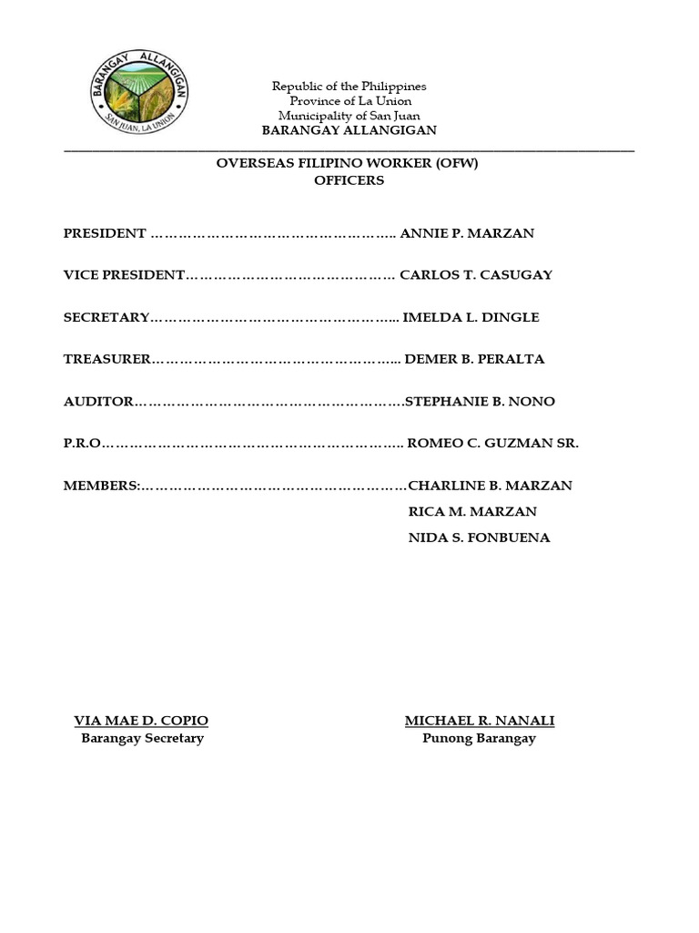 Allangigan Ofw-Officers | PDF