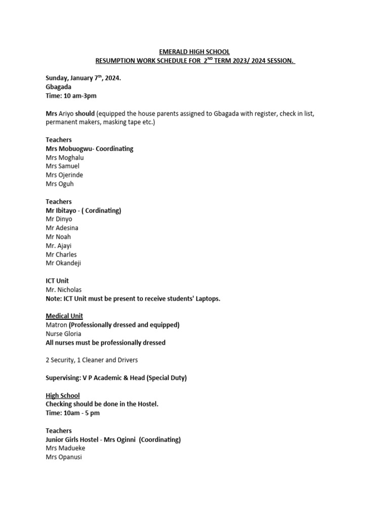 Resumption Work Schedule 2nd Term | PDF | Wellness