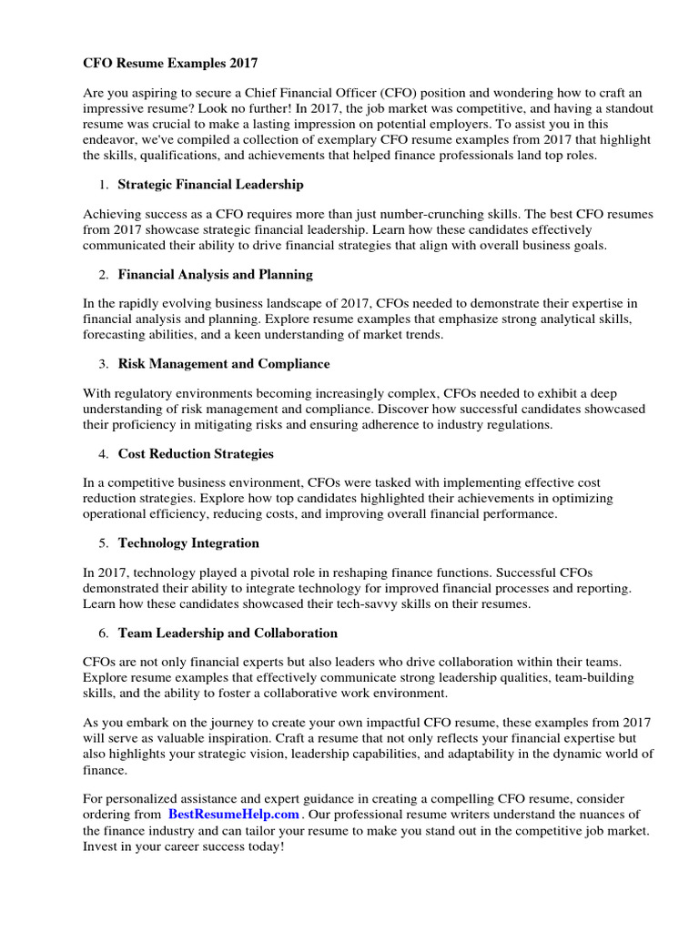 Cfo Resume Examples 2017 | PDF | Chief Financial Officer | Leadership