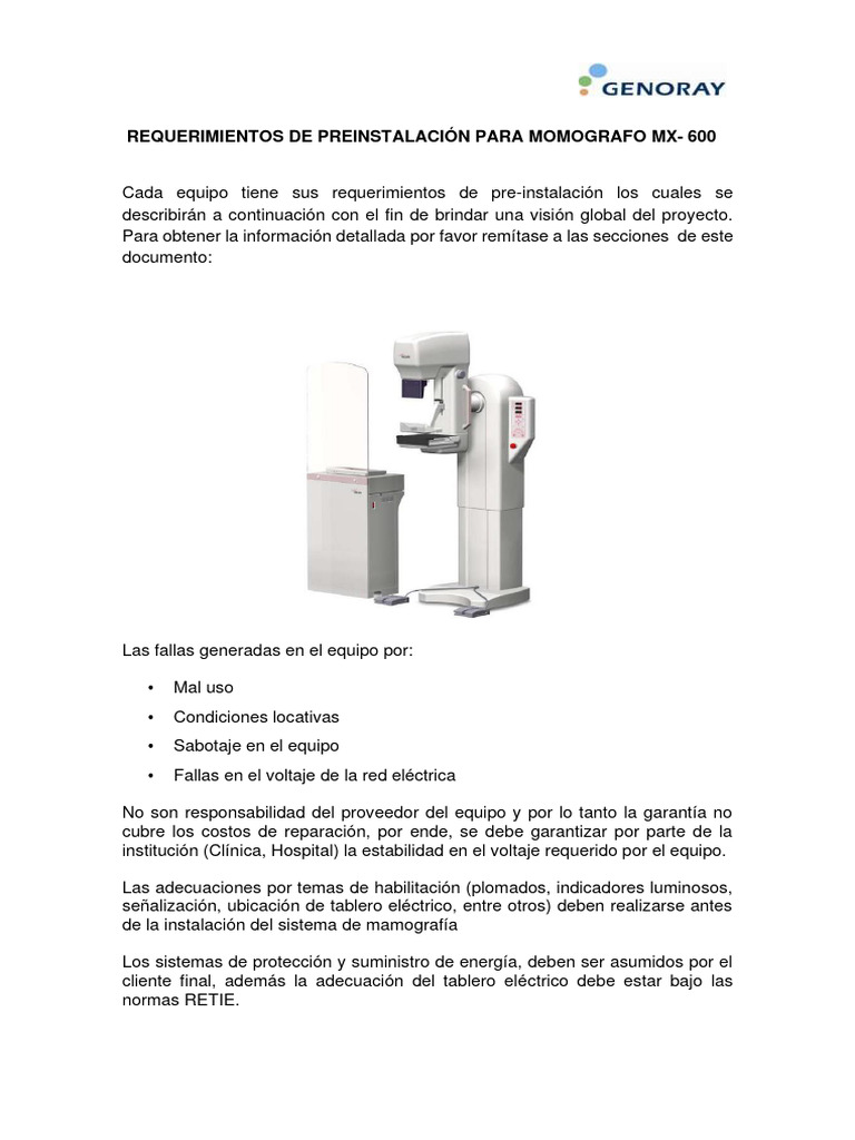 Preinstalación Equipo Mamografo Genoray MX600 | PDF | Ingenieria ...
