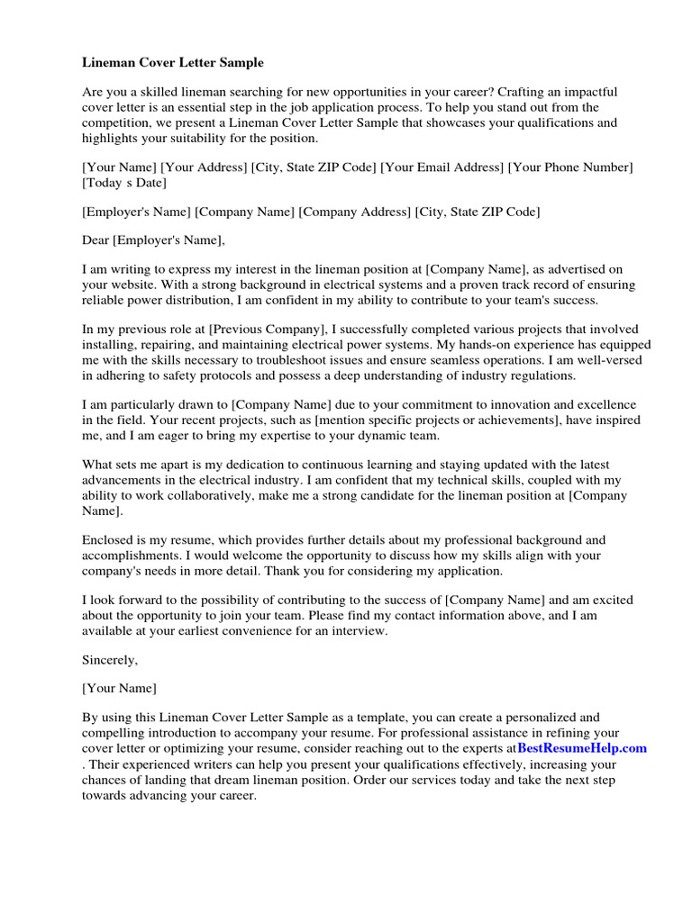 Lineman Cover Letter Sample | Download Free PDF | Résumé | Experience