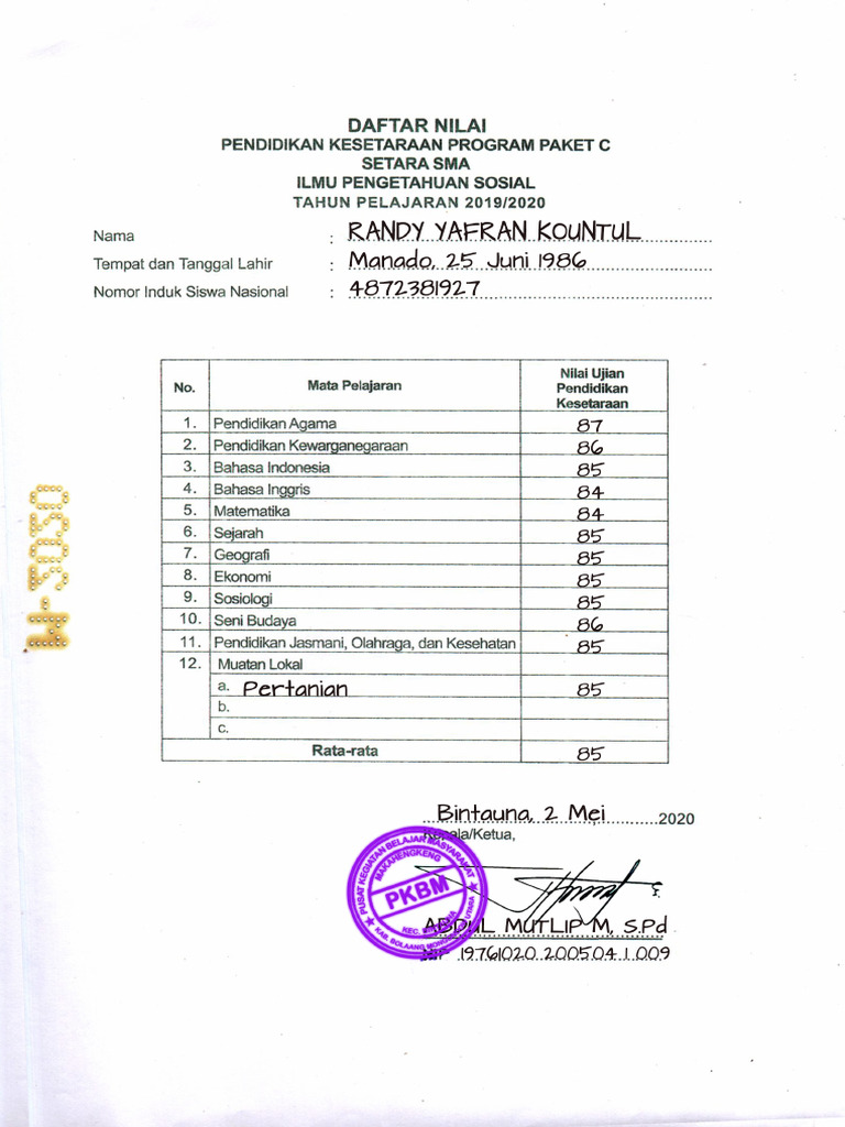 Ddaftar Nilai Randy | PDF
