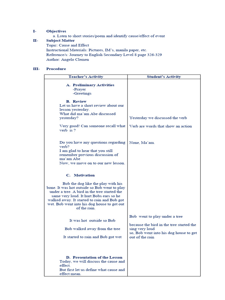 Cause and Effect Detailed Lesson Plan | PDF | Cognitive Science