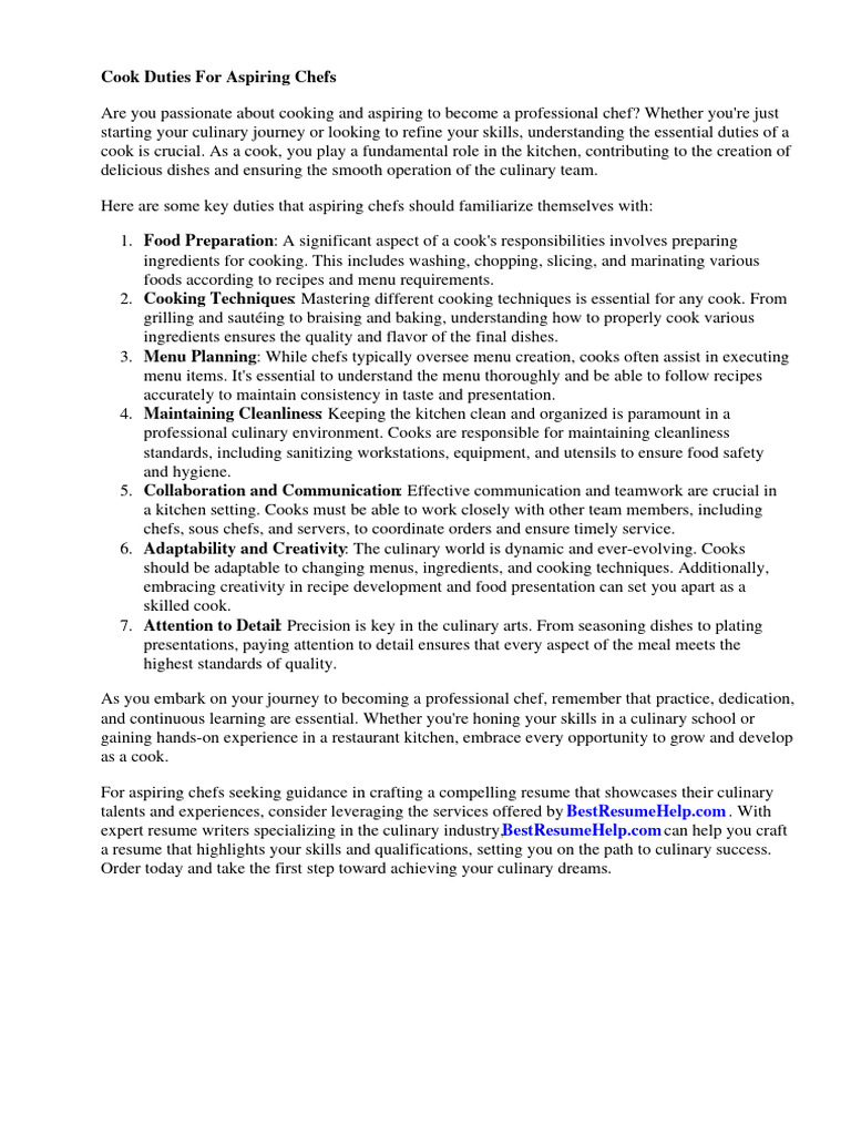 Cook Duties For Resume | PDF | Chef | Cooking