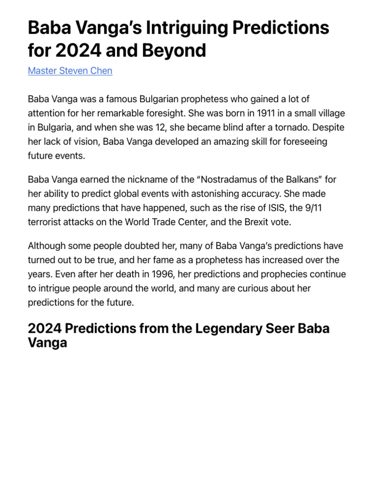 Baba Vanga's 2024 Predictions Revealed | PDF | Earthquakes