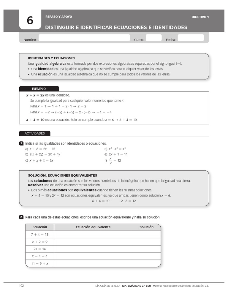 U6 Ecuaciones de Primer y Segundo Grado Repaso 2 Eso Santillana | PDF ...