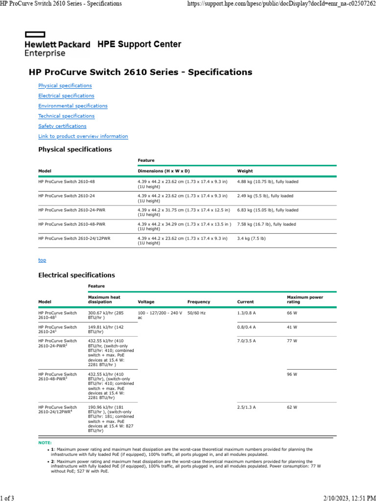 HP ProCurve 2610 Switch Specs | PDF | Computer Engineering | Electricity