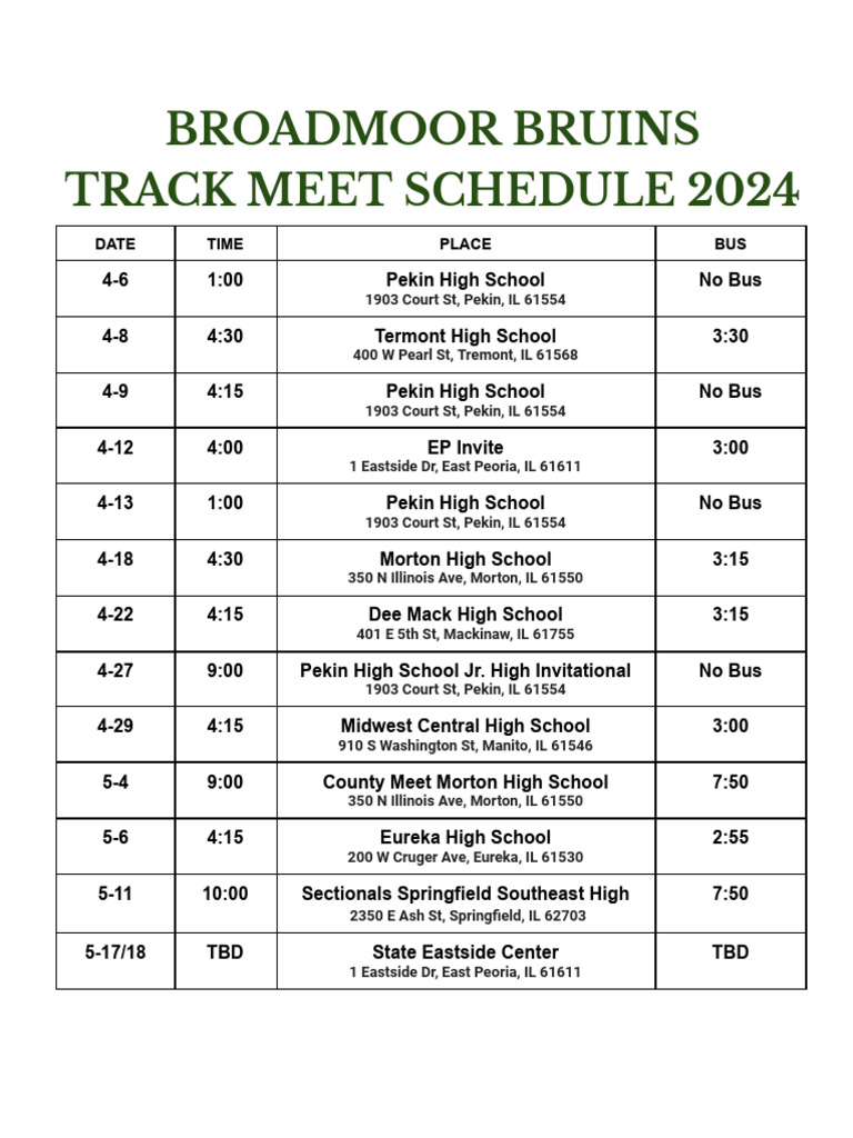 Broadmoor Bruins Track Schedule 2024 | PDF