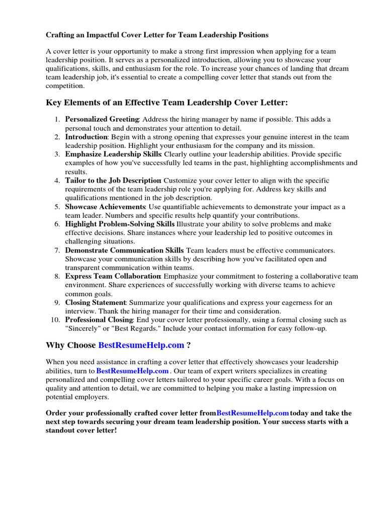 Cover Letter For Team Leader Position | PDF | Leadership | Résumé