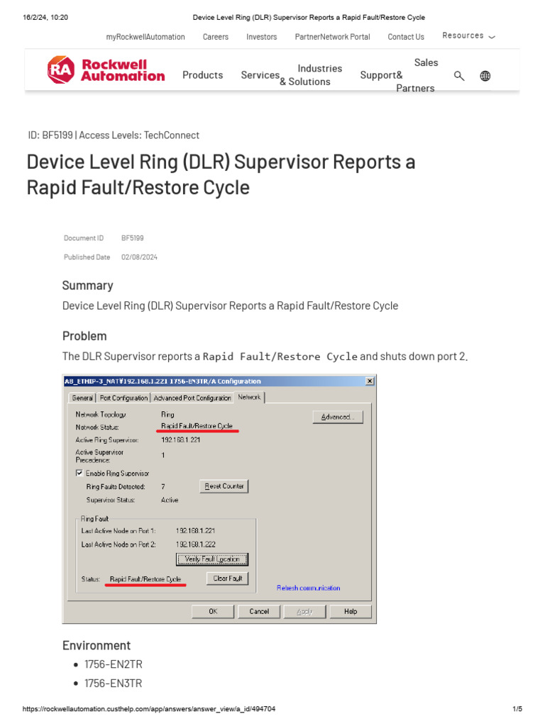 Device Level Ring (DLR) Supervisor Reports A Rapid Fault - Restore ...