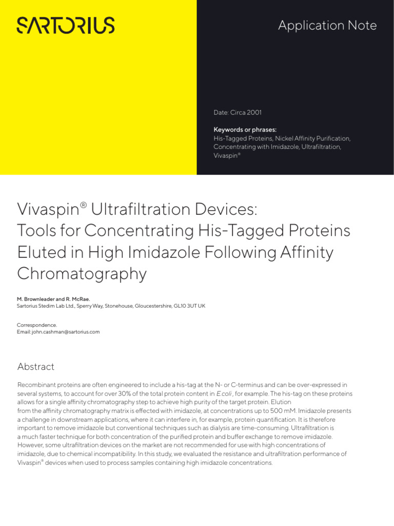 Concentrating His Tagged Proteins Application Note en L Sart 1 Data ...