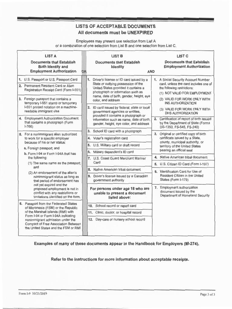 I-9 List of Acceptable Documents | PDF