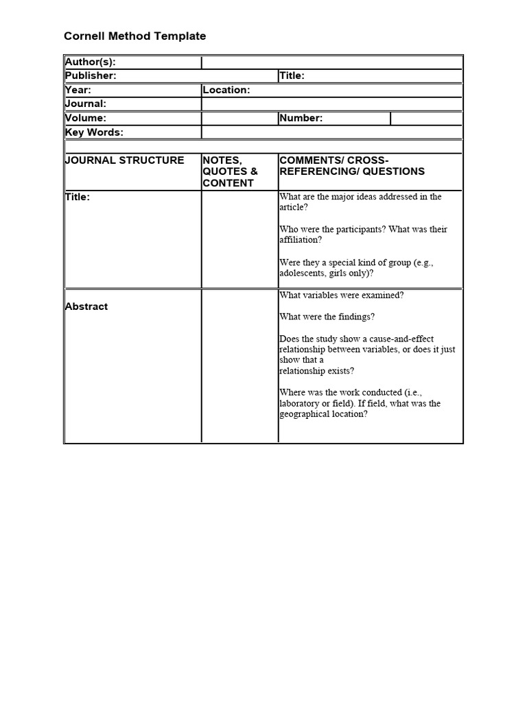 Cornell Method & Critical Questions Template | PDF | Theory | Hypothesis