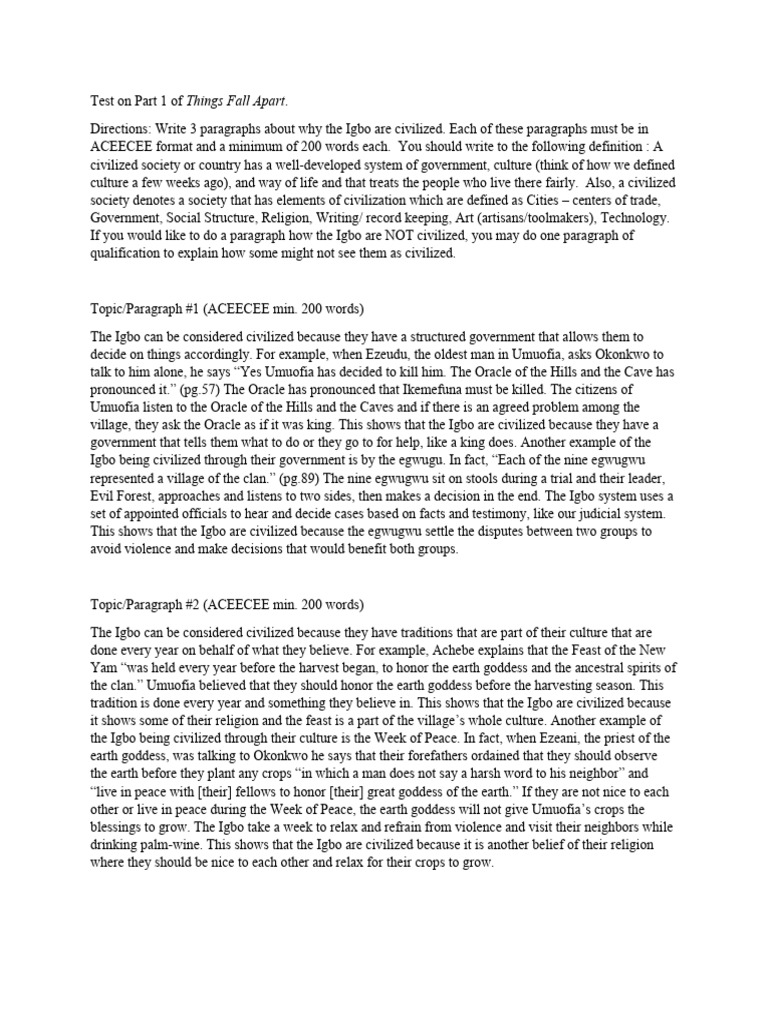 Things Fall Apart Part 1 Essay Test | PDF