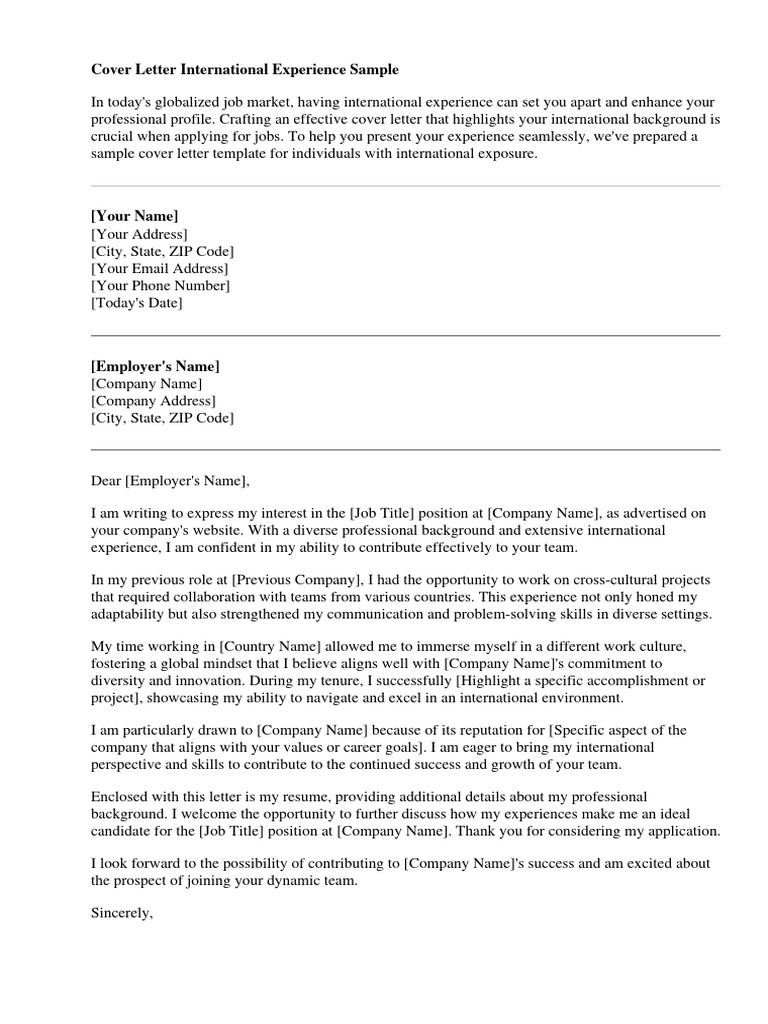Cover Letter International Experience Sample | PDF | Résumé