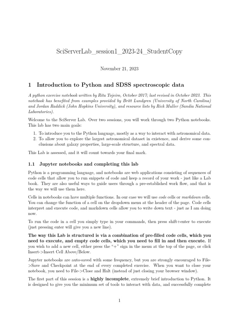 SciServerLab_session1_2023-24_StudentCopy | PDF | Control Flow | Variable (Computer Science)