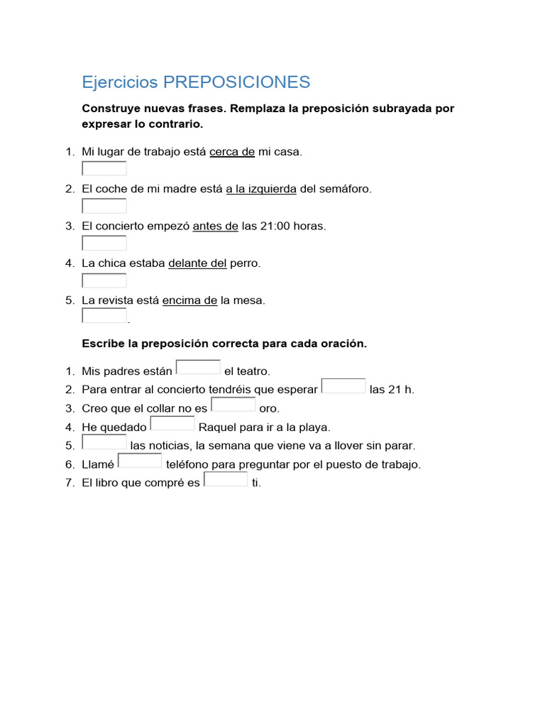 Ejercicios PREPOSICIONES | PDF