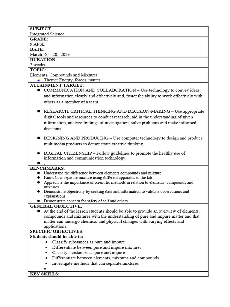 Elements Mixtures and Compound Plan Grade 9 APSE | PDF | Mixture ...