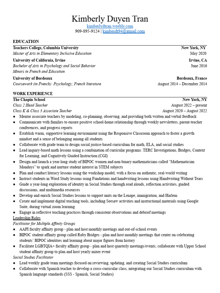 Kimberly Duyen Tran Resume Feb 2024 | PDF | Curriculum | Teachers
