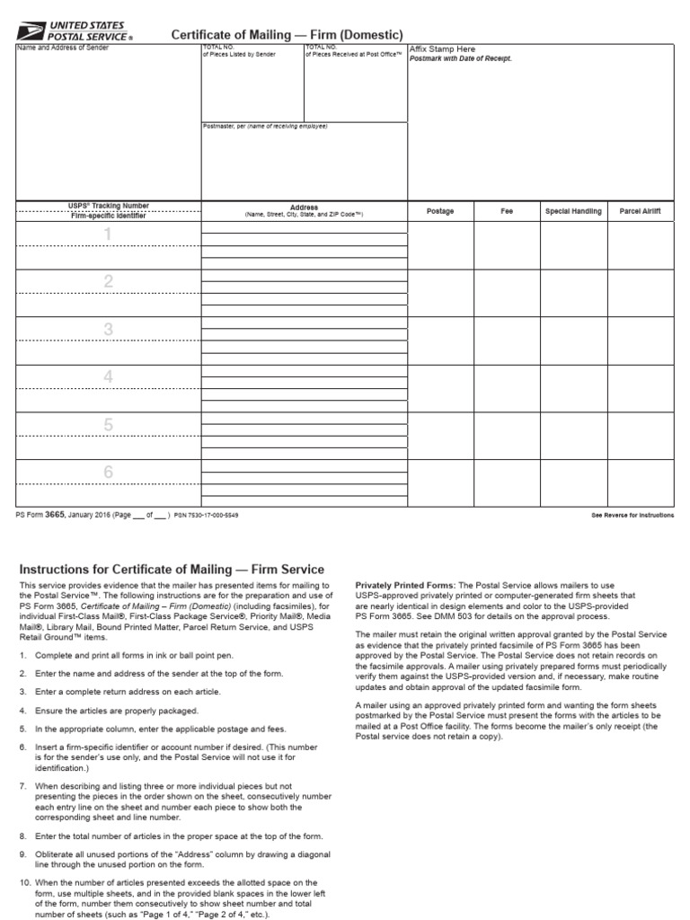 Form 3665 Cert of Mailing Fillable Blank | PDF | United States Postal ...