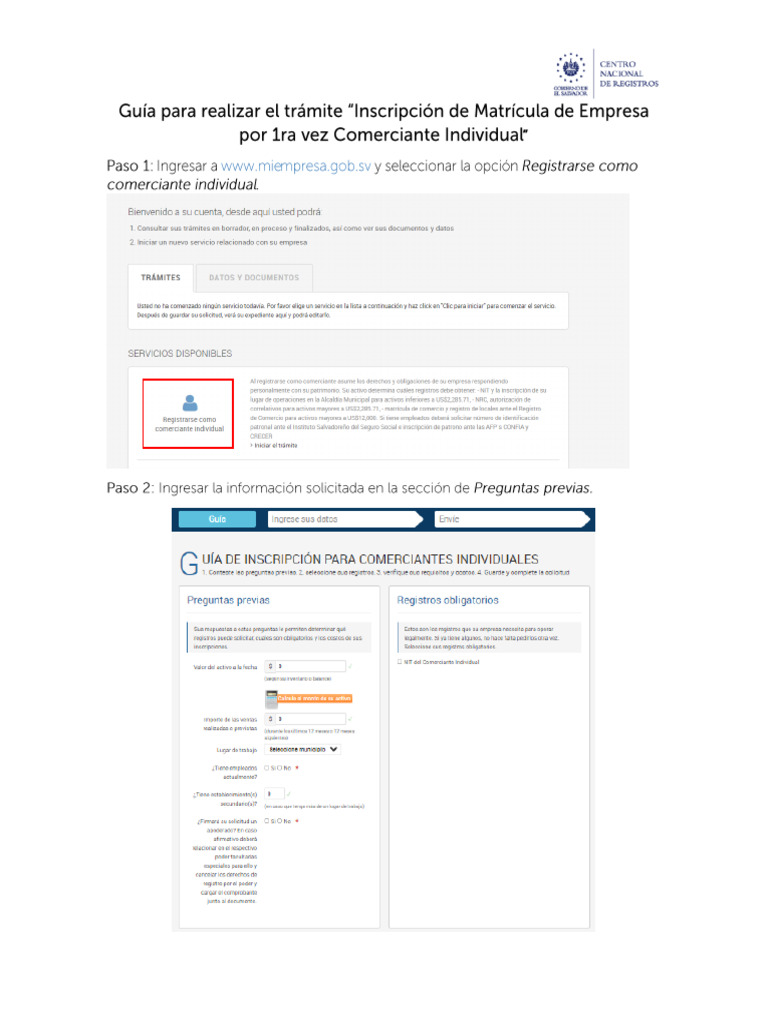Guia para Realizar El Tramite Inscripcion de Matricula de Empresa Comerciante Indi KWMVFTD | PDF