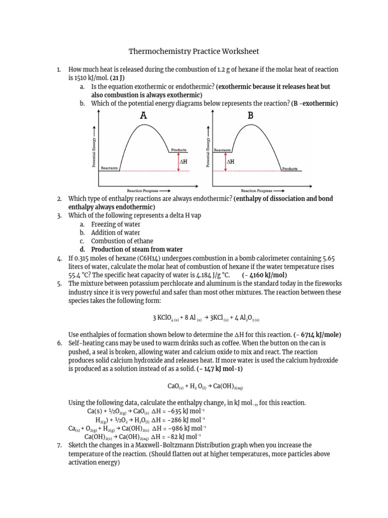 Thermochemistry Practice Answers | PDF | Chemical Reactions | Combustion