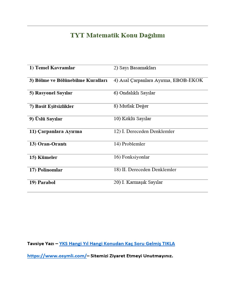 TYT Matematik Konulari PDF WWW - Osymli | PDF