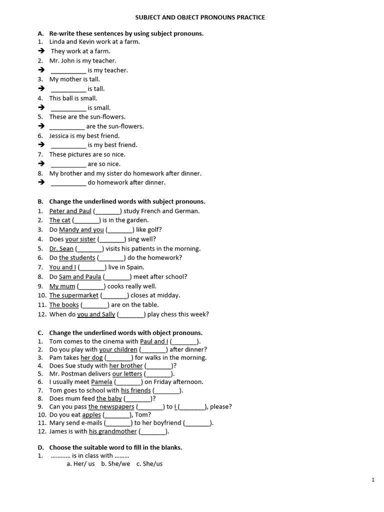Subject and Object Pronouns Practice | PDF | Language Arts & Discipline