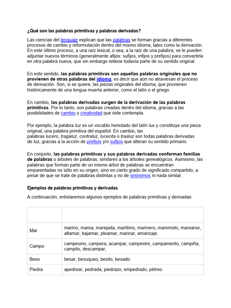 Qué son las palabras primitivas y palabras derivadas | PDF | Palabra ...