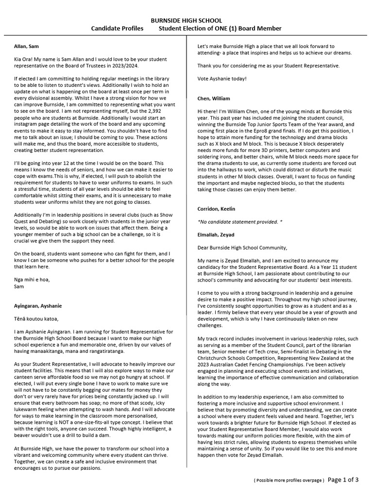 Burnside High School Student Elections 2023 | PDF | Leadership | Learning