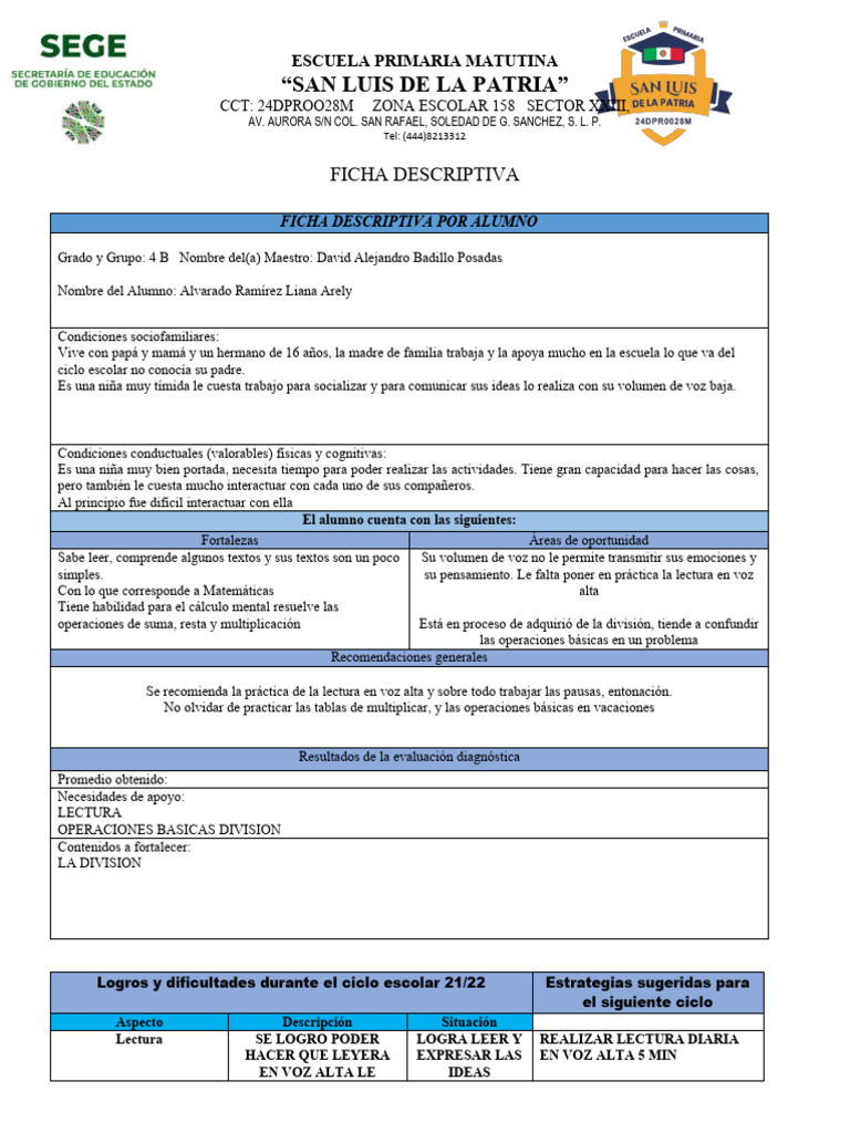 Ficha Descriptiva | PDF | Educación primaria | Evaluación