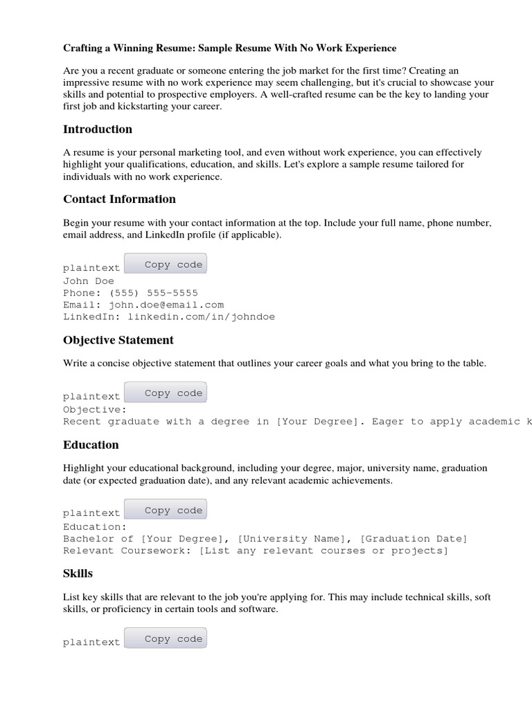 Sample Resume With No Work Experience | PDF | Résumé | Experience