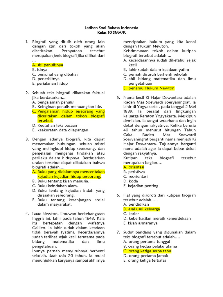 Latihan Soal Bahasa Indonesia - Kelas 10 Smak - Semester2 - Pertemuan3 ...
