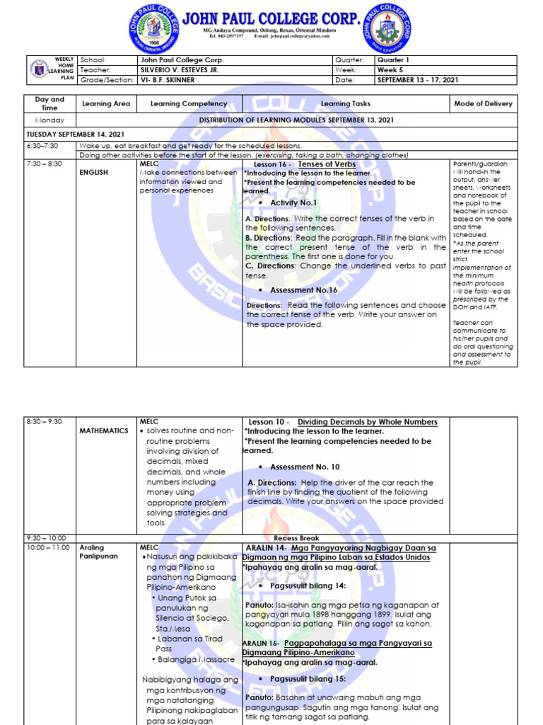 WHLP Week 5 Quarter 1 | PDF | Learning