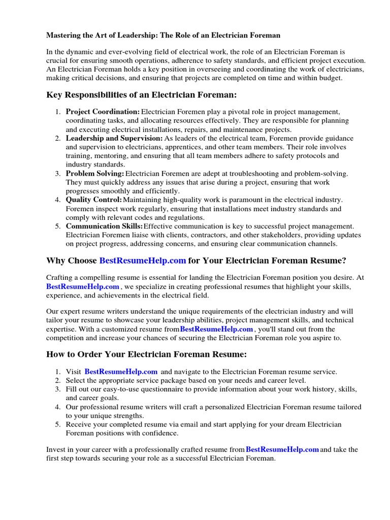 Electrician Foreman Resume | PDF | Electrician | Electrical Wiring