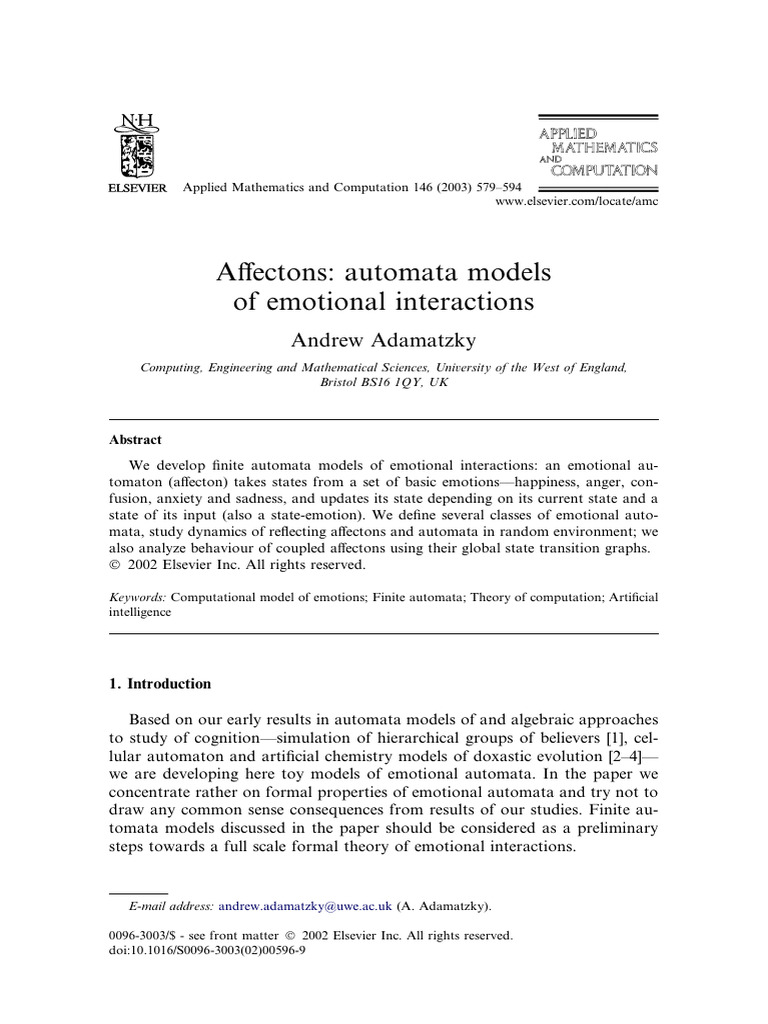 Affectons - Automata Models of Emotional Interactions | PDF | Emotions | Markov Chain