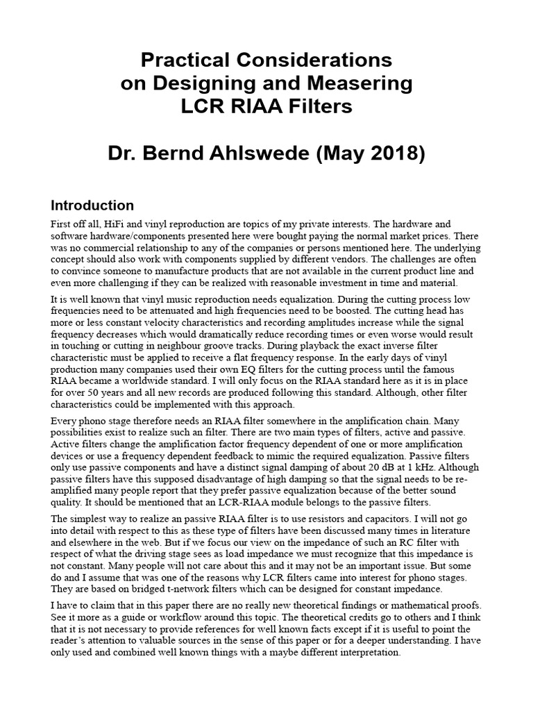 LCR-RIAA Ahlswede | PDF | Electronic Filter | Electrical Impedance