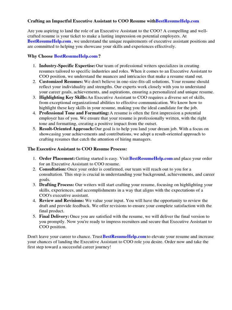 Executive Assistant To Coo Resume | Download Free PDF | Résumé | Marketing