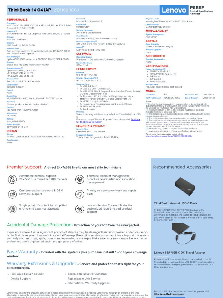 Ficha Técnica - ThinkBook 14 G4 IAP 21DH00HCGJ | PDF | Computing | Computer Engineering