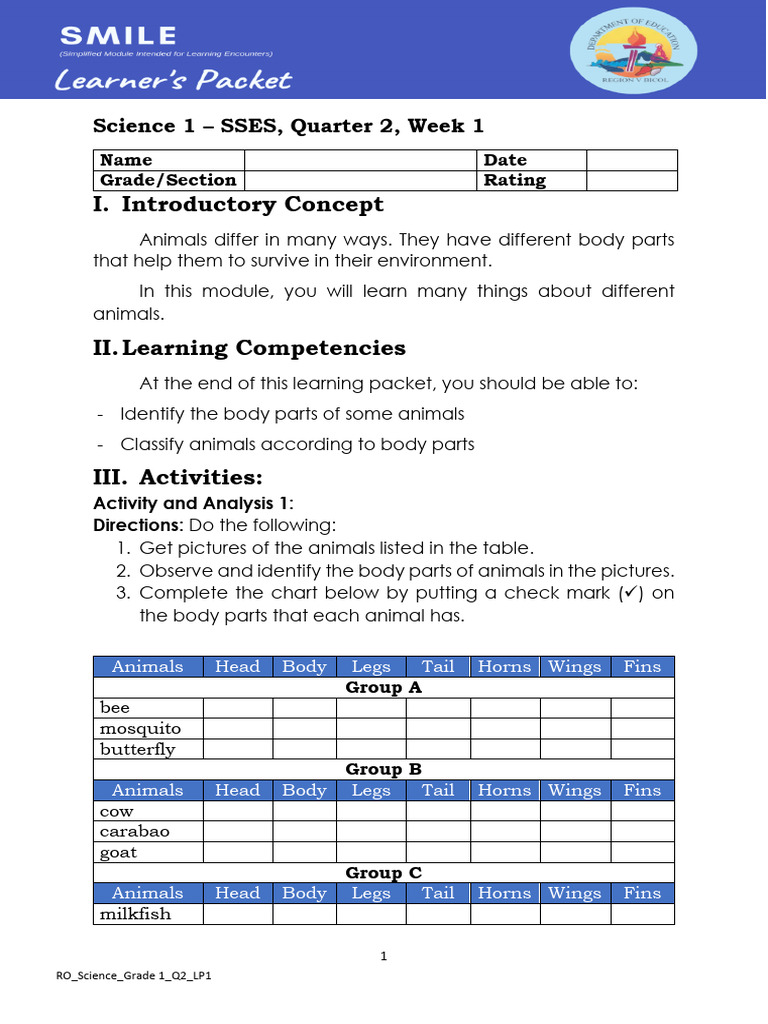 SSES1-Science-Q2-LP1-week 1 | PDF | Spider | Mouth