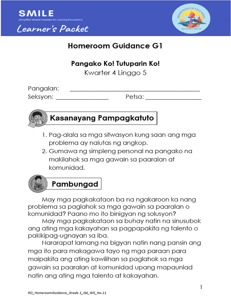 Homeroom Guidance G1: Pangako Ko! Tutuparin Ko! | PDF