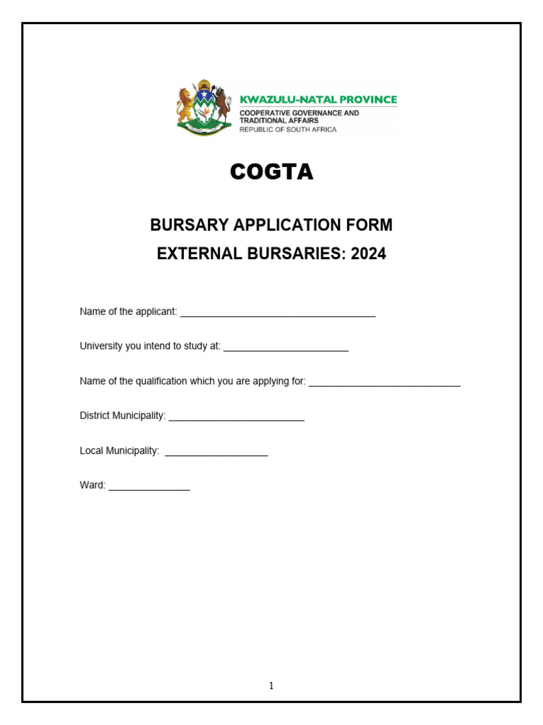 COGTA Bursary Application Form 2024 | PDF | Academic Degree | Diploma