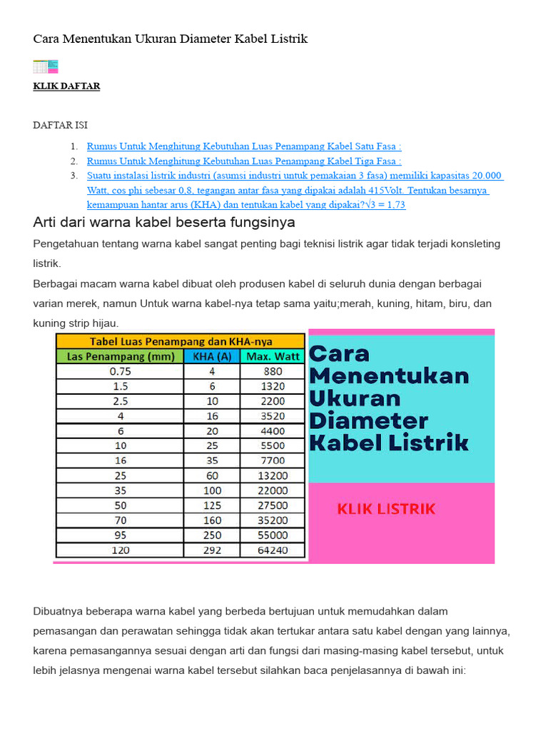 Cara Menentukan Ukuran Diameter Kabel Listrik | PDF