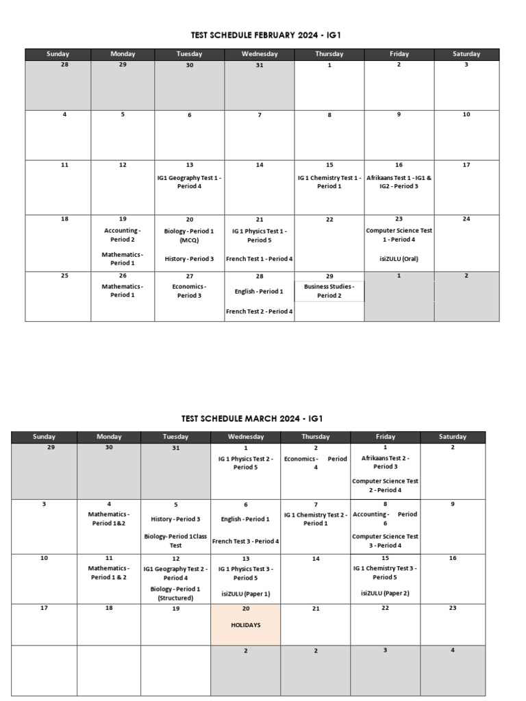 IG1 TERM 1 Test Schedule | PDF