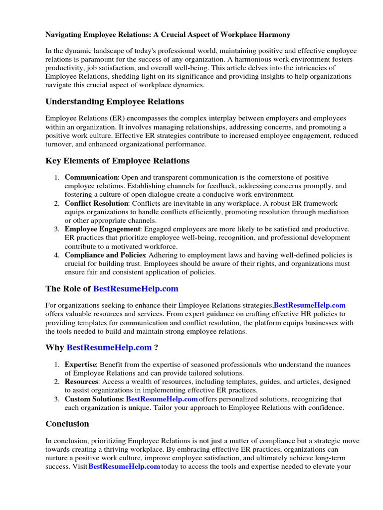 Employee Relations Resume | PDF | Employment | Human Resources