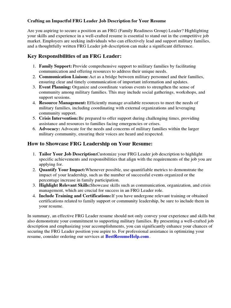 FRG Leader Job Description For Resume | PDF | Leadership | Collaboration