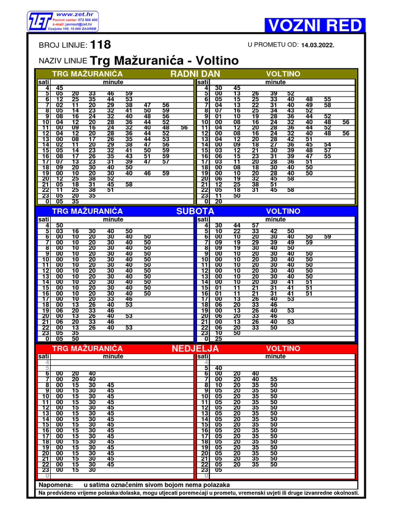 Vozni Red: TRG Mažurani A - Voltino 118 | PDF